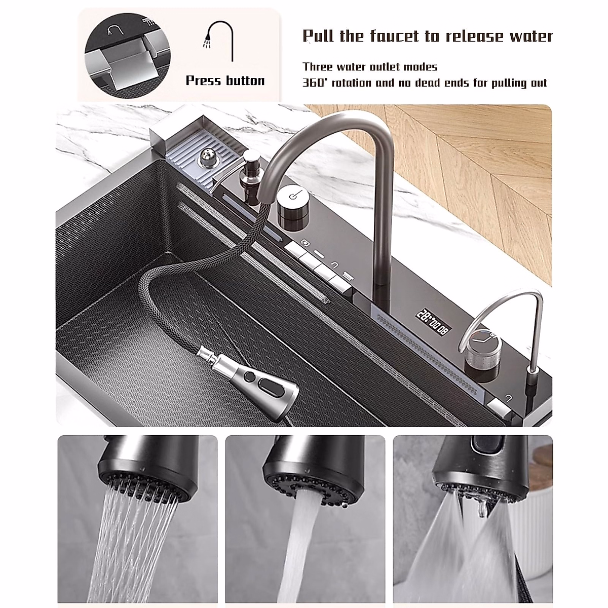 Smart Kitchen Sink With Digital Display,Nano 304 Stainless Steel Kitchen Sink With Flying Rain, Pull-Out Faucet, Pressurized Cup Washer