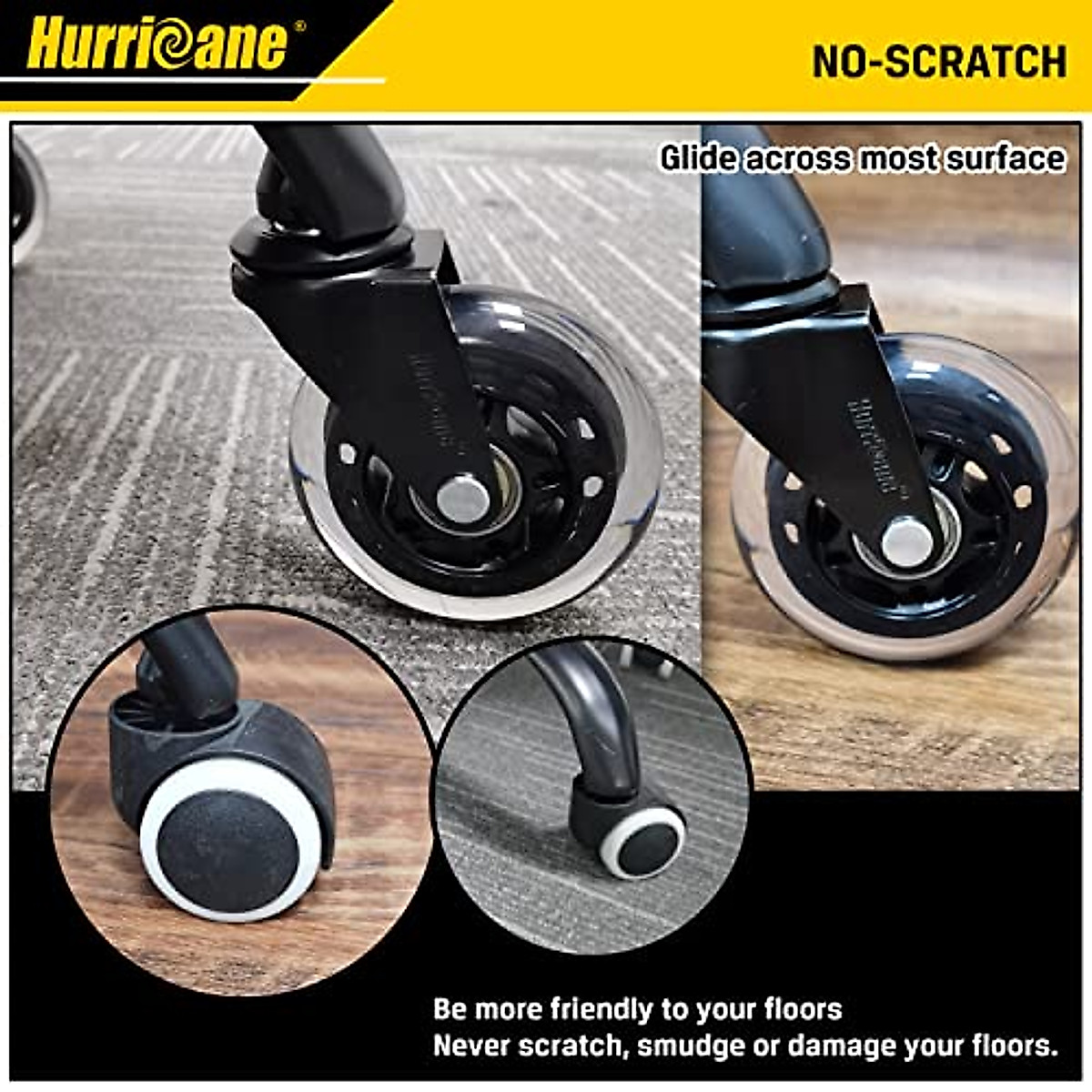 HURRICANE Office Chair Caster, Replacement Rubber Chair Wheel, Heavy-Duty Casters, Chair Wheels Set of 5, for Tile, Hardwood Floor and Carpet, 3 Inch, Flexible 360°Steering, Universal Fit