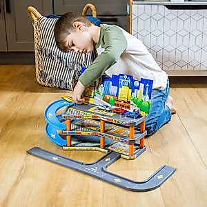 Kidplokio Ultimate Toy Car Garage Diecast Vehicle Playset with 4 Diecast Cars, Boys Ages 3+