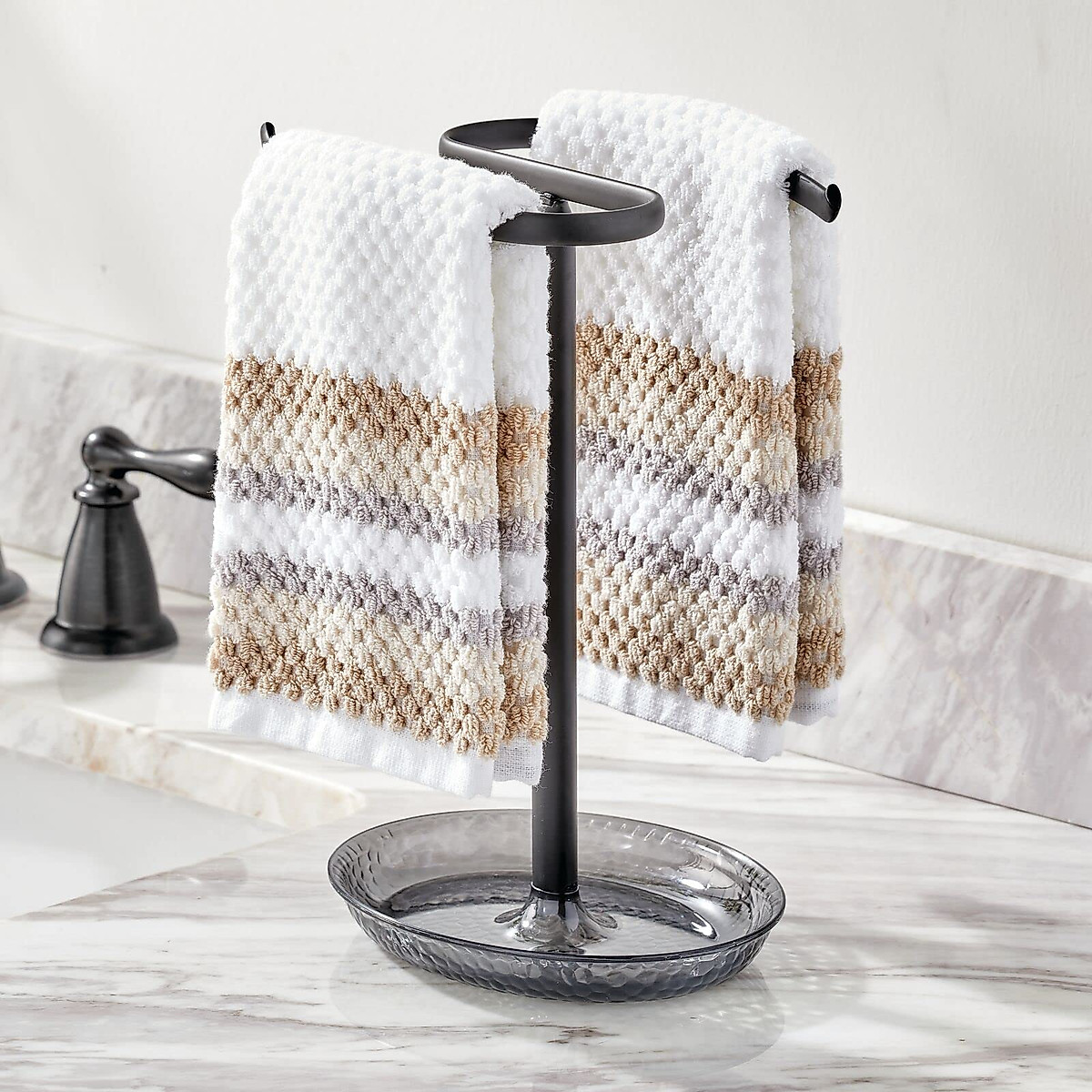 mDesign Steel Fingertip Towel Rack Stand with Base Tray - Towel Holder, Towel Bar for Bathroom, Kitchen, Powder Room - Holds Hand Towel, Washcloths - Rain Collection - Black