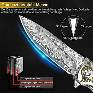 AUBEY Damascus Pocket Knife with Clip, Damascus Knife Folding Knife with VG10 Damascus Steel Blade, Wooden Handle, Foldable EDC Knife for Outdoor Survival Collection Gift