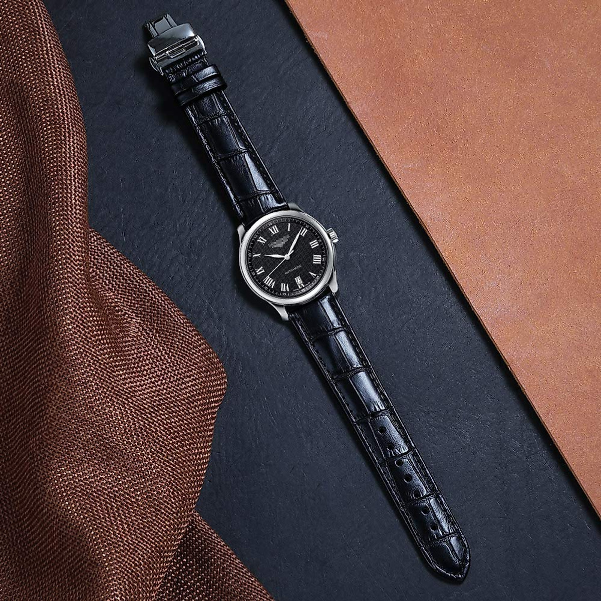 iStrap Leather Watch band -Alligator Grain Embossed Pattern Calfskin Replacement Strap-Stainless Steel Deployment Buckle with Push Buttons-Bracelet for Men Women-18mm 19mm 20mm 21mm 22mm 24mm