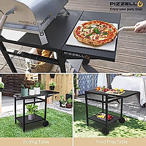 Pizzello Outdoor Grill Cart Double-Shelf Grill Table Foldable Tabletop Movable Food Prep Pizza Carts Outside Kitchen Pizza Oven Stand Trolley with 2 Wheels, Hooks