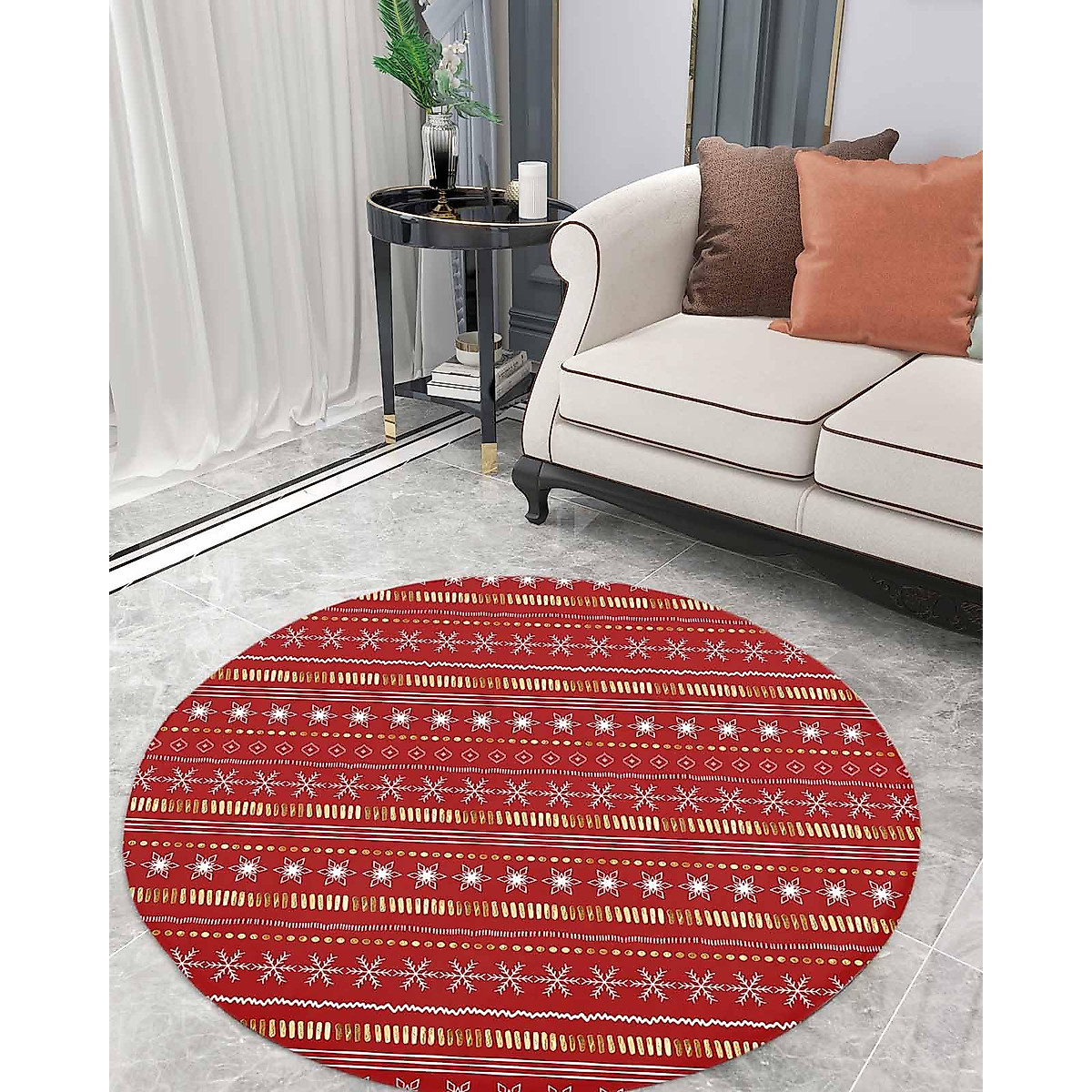Christmas Fluffy Round Area Rug Carpets 3.3ft, Plush Shaggy Carpet Soft Circular Rugs, Non-Slip Fuzzy Accent Floor Mat for Living Room Bedroom Nursery Home Decor Boho Red Gold Geometric Stripes Dots