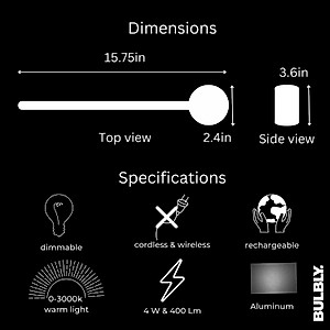 Bulbly Modern Cordless Wall Sconce Set of Two | Modern Dimmable LED Black Wall Lamps for Living Room & Bedroom Decor | USB Rechargeable Wall Light