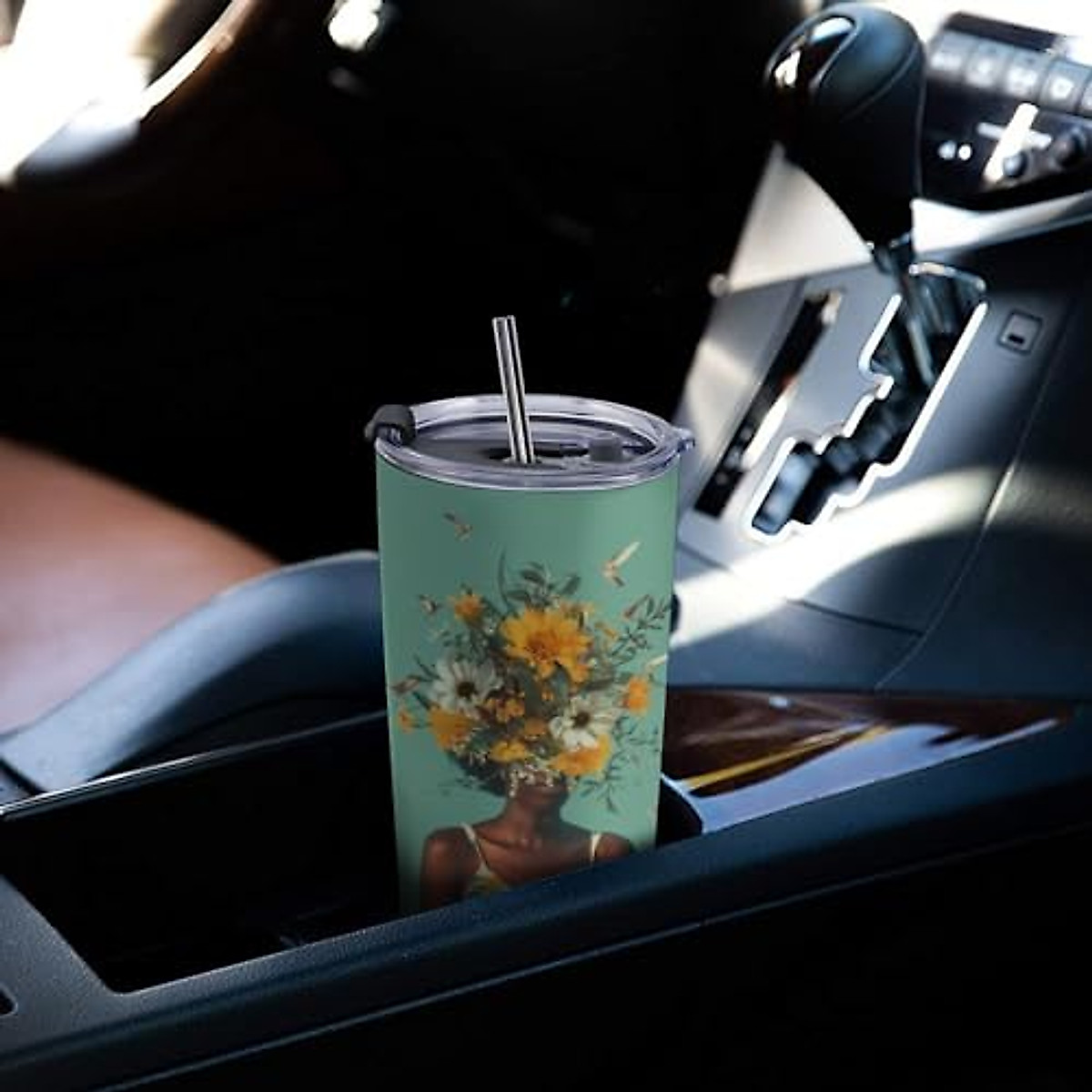 LLJEYOU Black Woman Flowers Birds Tumbler Insulated Travel Mug Stainless Steel Travel Tumbler Car Cup with Straw And Brush with Lid 20oz