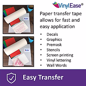 Vinyl Ease 12 inch x 150 feet roll of Paper Transfer Tape with a Medium Tack Layflat Adhesive. Works with a Variety of Vinyl. Great for Decals, Signs, Wall Words and More. V0844