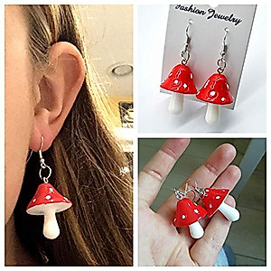 Cute Polka Dot Mushroom Drop Dangle Earrings Fun Simulation Mushroom Resin Earrings for Women Girls Food Jewelry (Red)