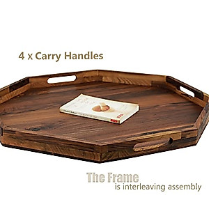 MAGIGO 26 Inches Extra Large Octagonal Black Walnut Wood Ottoman Tray with Handles, Serve Tea, Coffee Classic Wooden Decorative Serving Tray