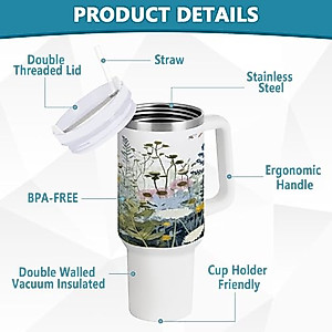 Jihqo Beautiful Wildflowers 40 oz Stainless Steel Vacuum Insulated Tumbler with Handle and Straw Lid Reusable Leakproof Water Bottle Double Wall Travel Mug Coffee Cup, Cupholder Friendly