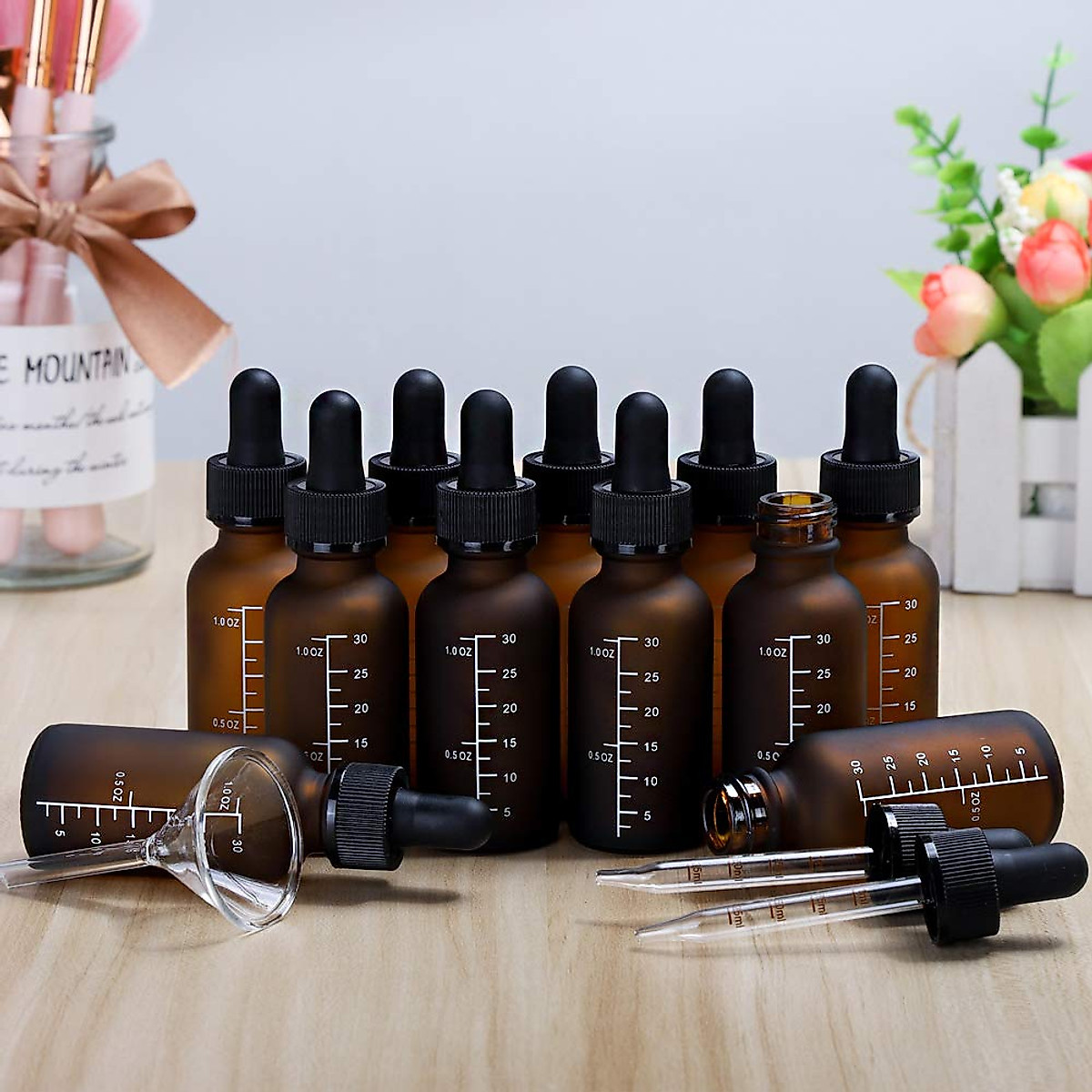 12pcs 30ml Glass dropper Dropper Perfume bottle with non-childproof caps measure scale and strong suction Nozzle bottle with funnel and tags (30ML 12PCS)