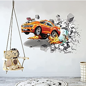 3D Fire Car Wall Sticker Decal, Crack Hole Fire Car Wall Art Decal, Removable Broken Smashed Car Decoration Mural for Boys Bedroom Baby Kids Nursery Room