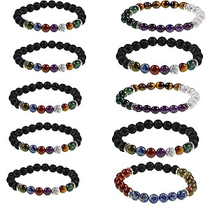 Natural Stone Beads Box Set Kits 8mm Round Loose Gemstone Natural Amethyst Lave Stone Assorted Color with Accessories Tools for Bracelet Jewelry Making (100% Natural Stone Beads Kit 1)
