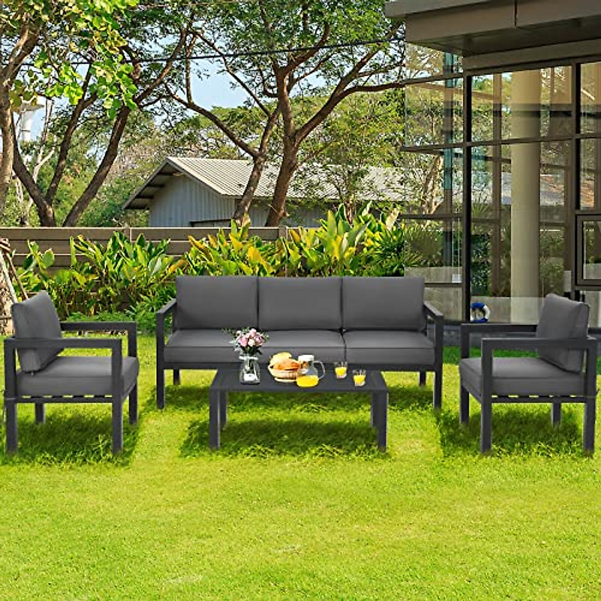 LIRUXUN 4-Piece Outdoor Patio Furniture Set Sectional Sofa Set Coffee Table 3-seat Sofa Table