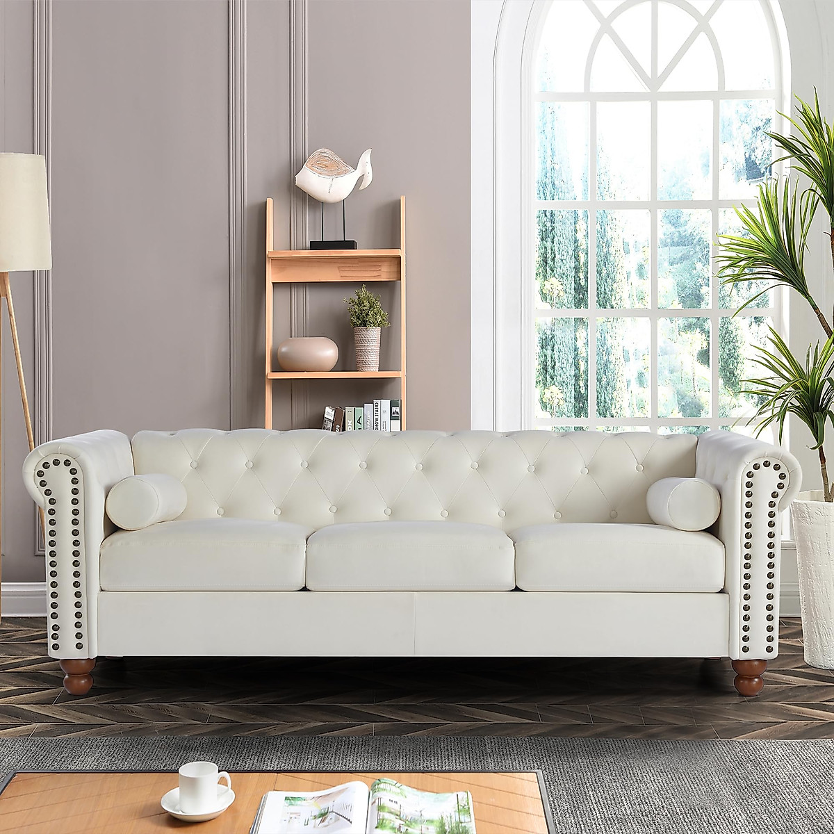 RuiSiSi Classic Traditional Upholstered Sofa with High-tech Fabric Surface, Chesterfield Tufted Fabric Sofa Couch for Living Room, White