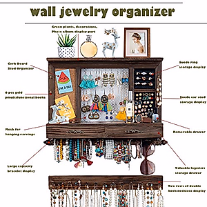 Dhmkfly Jewelry Organizer Wall Mounted Jewelry Organizer Mesh Rustic hanging Jewelry Holder for Earrings Necklaces, with Drawer Hanging Jewelry Box (Rustic)
