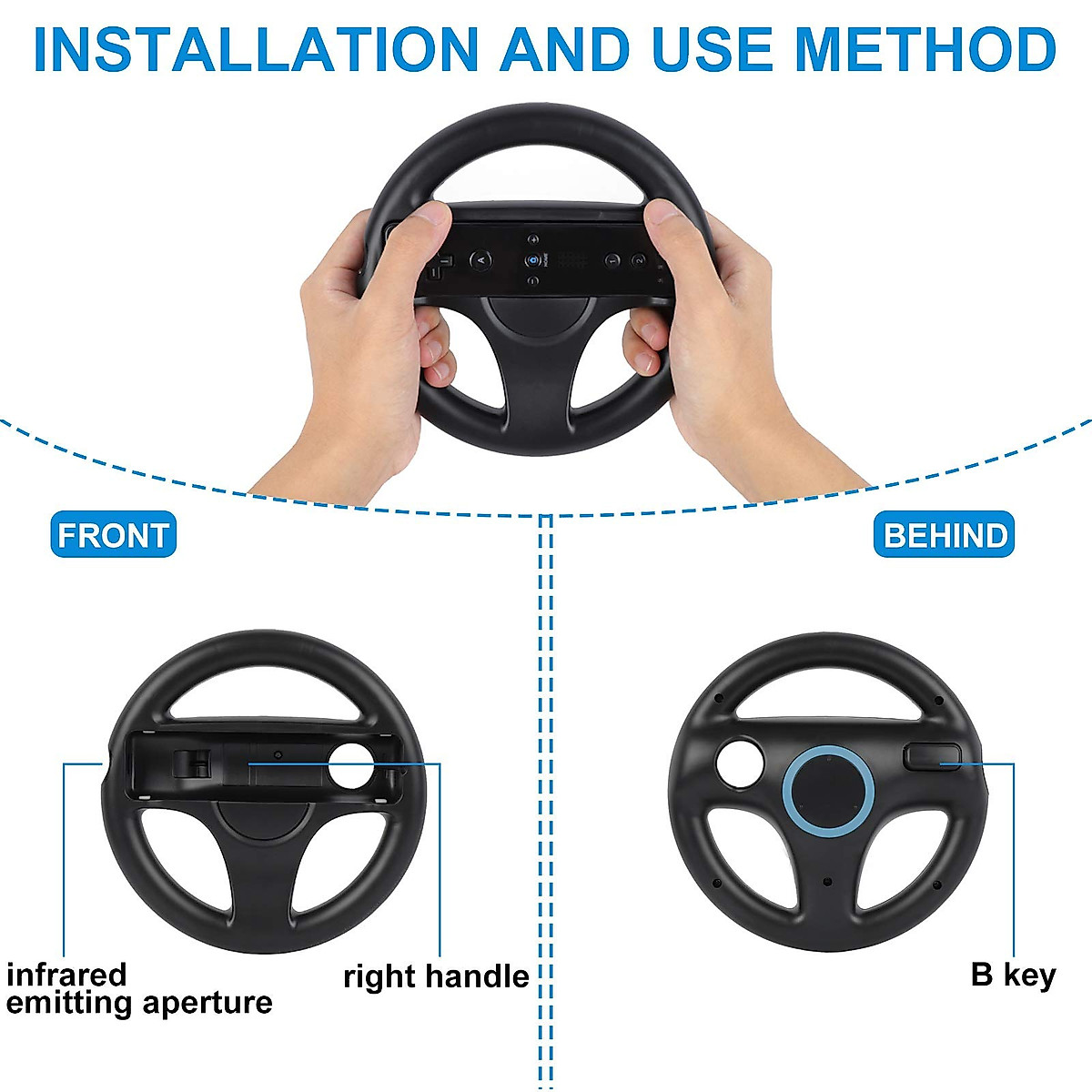 GEEKLIN Steering Wheel for Wii Controller, 2 pcs Black Racing Wheel Compatible with Mario Kart, Game Controller Wheel for Nintendo Wii Remote Game