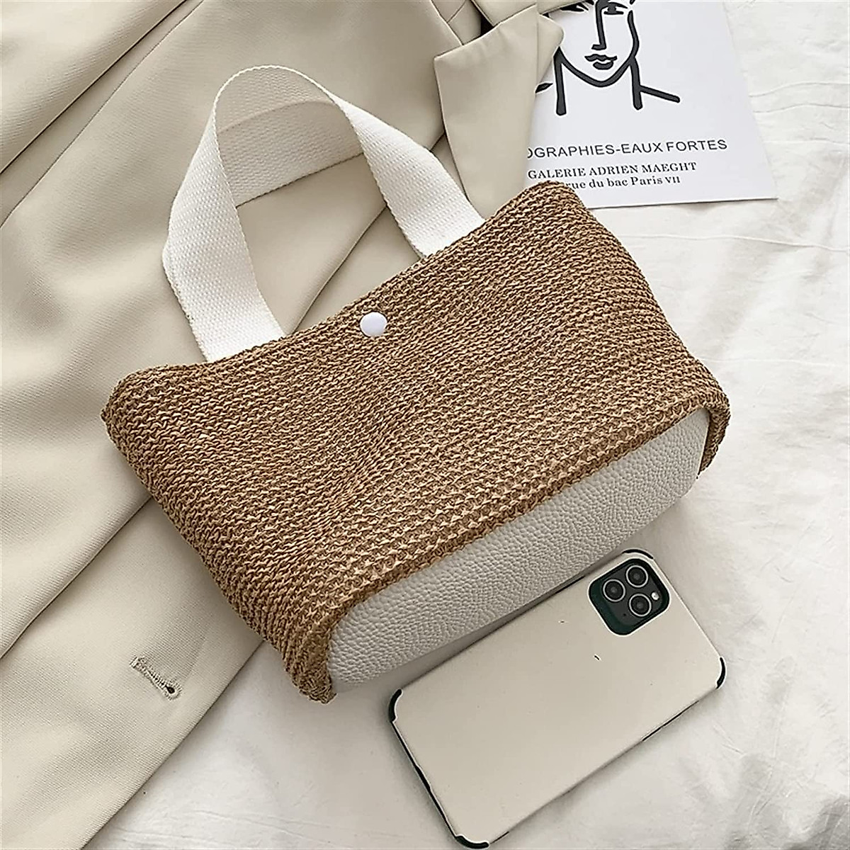 Beach Bag Straw Bags Hand-Woven Straw Bag, Straw Bag, Retro Fashion Woven Bag Handbag Straw Female Bag Lady Soft Bags Bags (Color : Black)