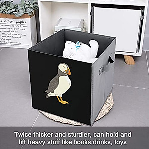 Puffin Bird PU Leather Collapsible Storage Bins Canvas Cube Organizer Basket with Handles