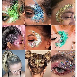 6 Colors Face Body Glitter Gel Set, Shimmer Chunky Glitters Cream for Eyes Hair Nails Makeup, Long Lasting Sparkling Mermaid Holographic Sequins Paste for Festival Art Party Halloween Makeup Gift Kit