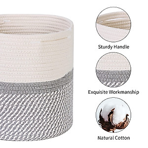 Woven Cotton Basket Sef of 3, 11x11x11in Storage Shelf Basket for Toys Clothes Books, Home Office Organization Basket, White & Grey