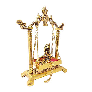 KridayKraft Laddu Gopal on Jhulla Palana Metal Statue Gold Plated Decor Your Home,Office Metal Krishna Murti,Showpiece Figurines,Religious Idol Gift Article.