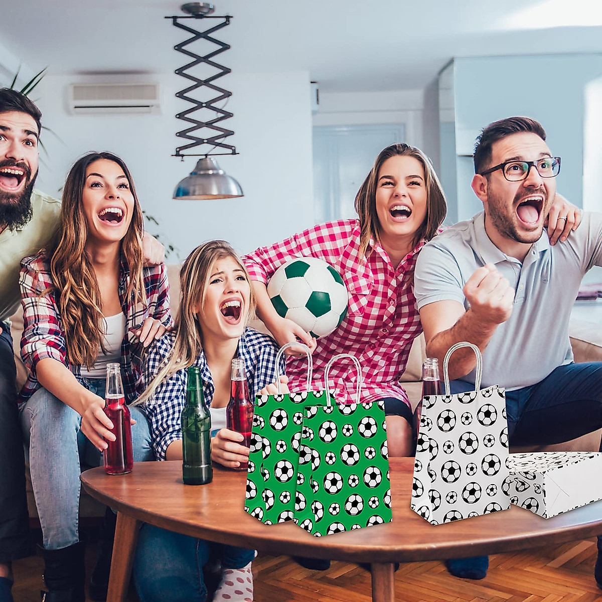 24 Pieces Soccer Party Favor Bags Soccer Goody Treat Candy Bags Soccer Goodie Bags Soccer Snack Bags Paper Soccer Gift Bags with Handles for Kids Soccer Birthday Party Supplies Decorations, 2 Styles