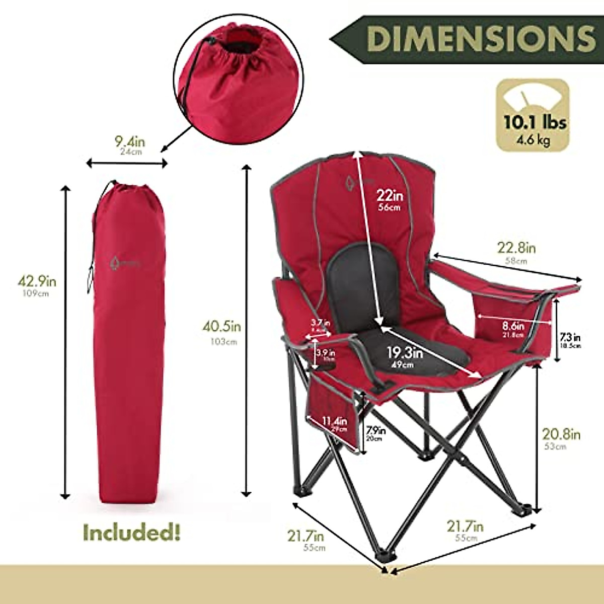 ARROWHEAD OUTDOOR Portable Folding Camping Quad Chair w/ 4-Can Cooler, Cup-Holder, Heavy-Duty Carrying Bag, Padded Armrests, Supports up to 330lbs, USA-Based Support