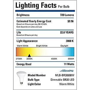 Maxxima LED BR30 65 Watt Equivalent Dimmable 8 Watt Light Bulb Warm White 720 Lumens Energy Star, 3000K (Pack of 6)