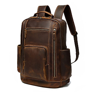 LANNSYNE Men's Vintage Full Grain Leather Backpack for 16" Laptop Travel Hiking Camping Rucksack