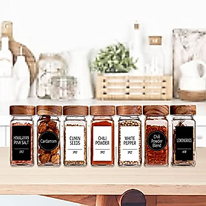 Churboro 36 Spice Jars with 547 Labels - Glass Spice Jars with Shaker Lids - 4 Oz Square Spice Containers with Acacia Wood Lids, Chalk Pen, Funnel Seasoning Jars for Spice Rack, Cabinet, or Drawer