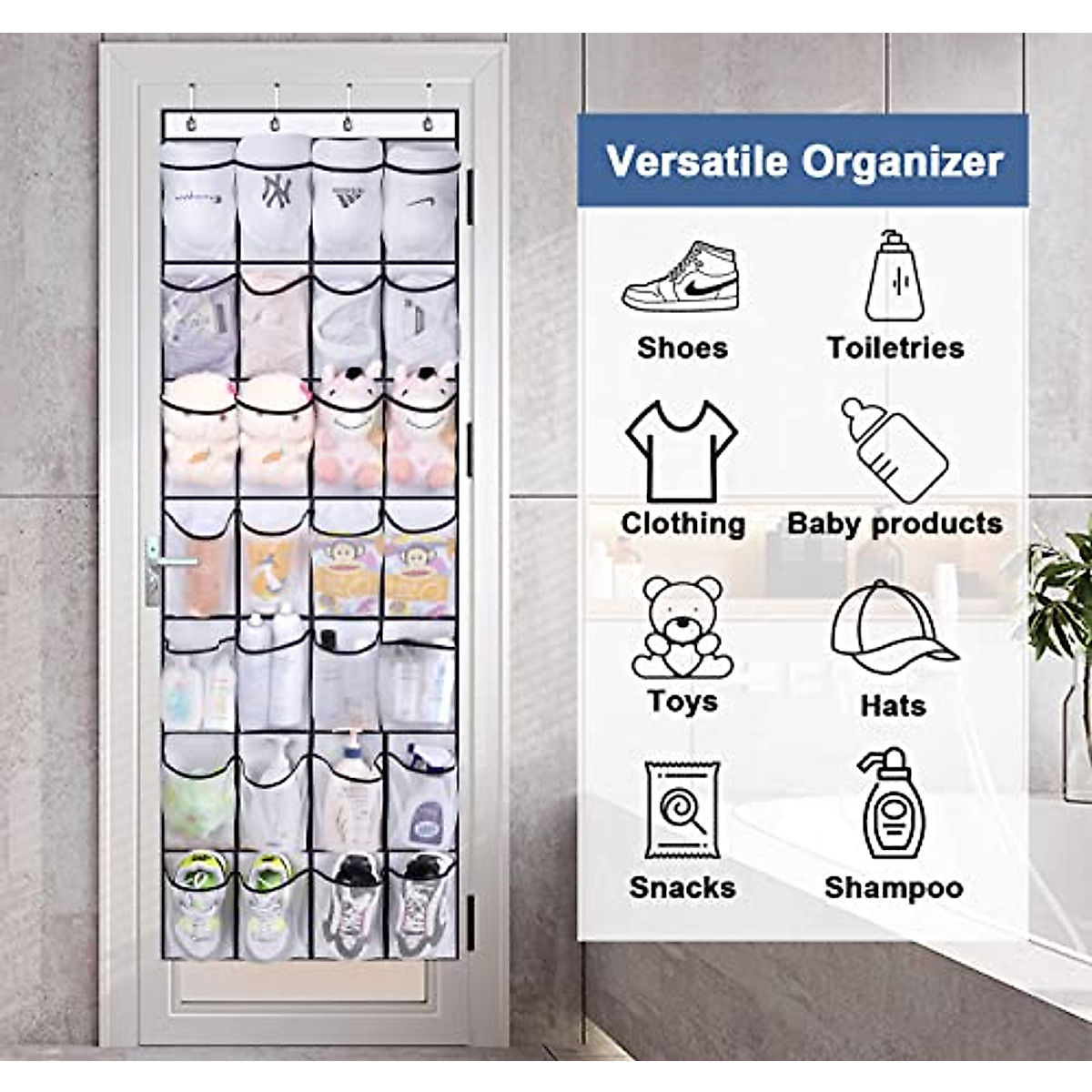 MISSLO 24 + 28 Large Pockets Over The Door Shoe Organizer Mesh Pockets and Over The Door Shoe Rack Hanging Shoe Organizer for Closet Door