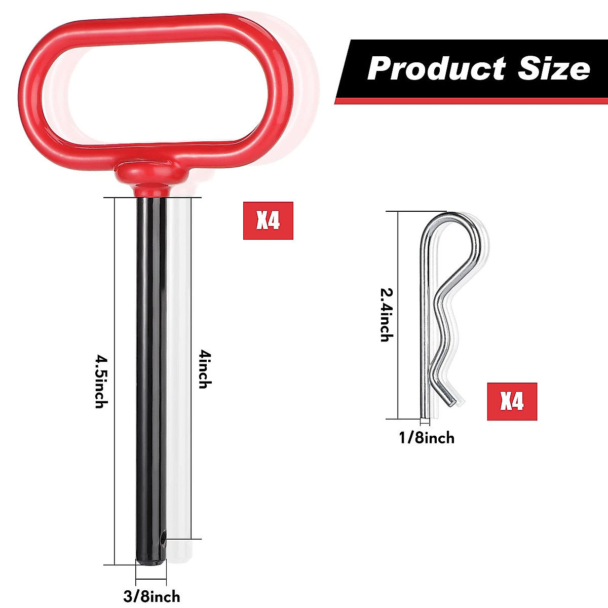 Riakrum 4 Pcs 3/8 x 4 Inch Handle Hitch Pin for Tractor Trailer Hitch Pin and Clip Tow Pin Accessories for Farm,Tractor,Turn Mower, Towing Cargo, Boat, RV, Car, Truck, Bike, ATV(Red)