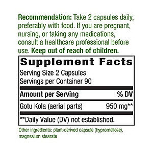 Nature's Way Premium Herbal Gotu Kola Herb, 950 mg per serving, 180 VCaps