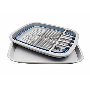 SAMMART 8L (2.11Gallons) Collapsible Dish Drainer with Drainer Board - Foldable Drying Rack Set - Portable Dinnerware Organizer - Space Saving Kitchen Storage Tray (Grey/Steel Blue, 1)