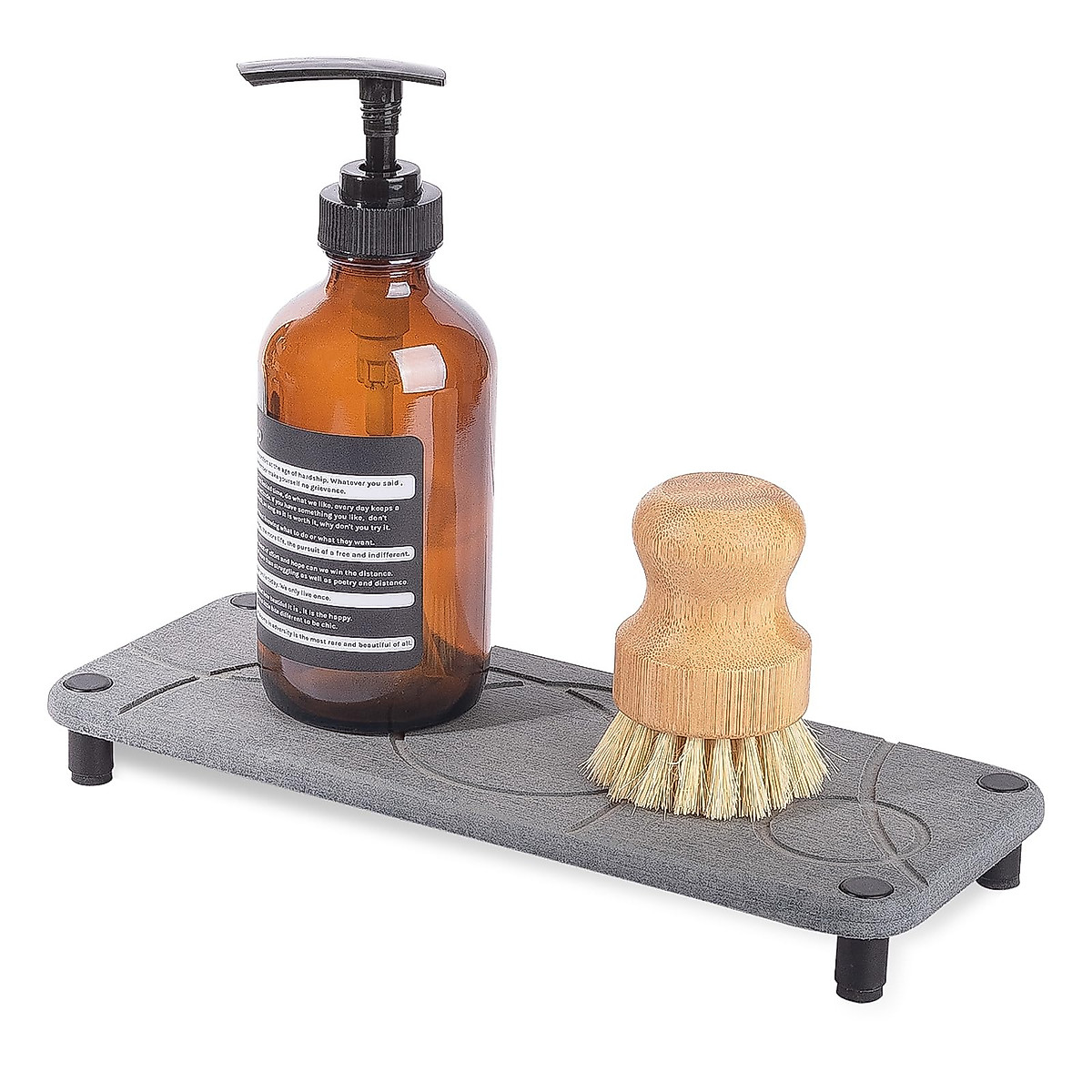 Instant Dry Sink Caddy Kitchen Sponge Holder Diatomaceous Earth Stone Drying Mat Bathroom Countertop Organizer Soap Dispenser Tray for Counter, Sink, Vanity, Small, Foam, Grey