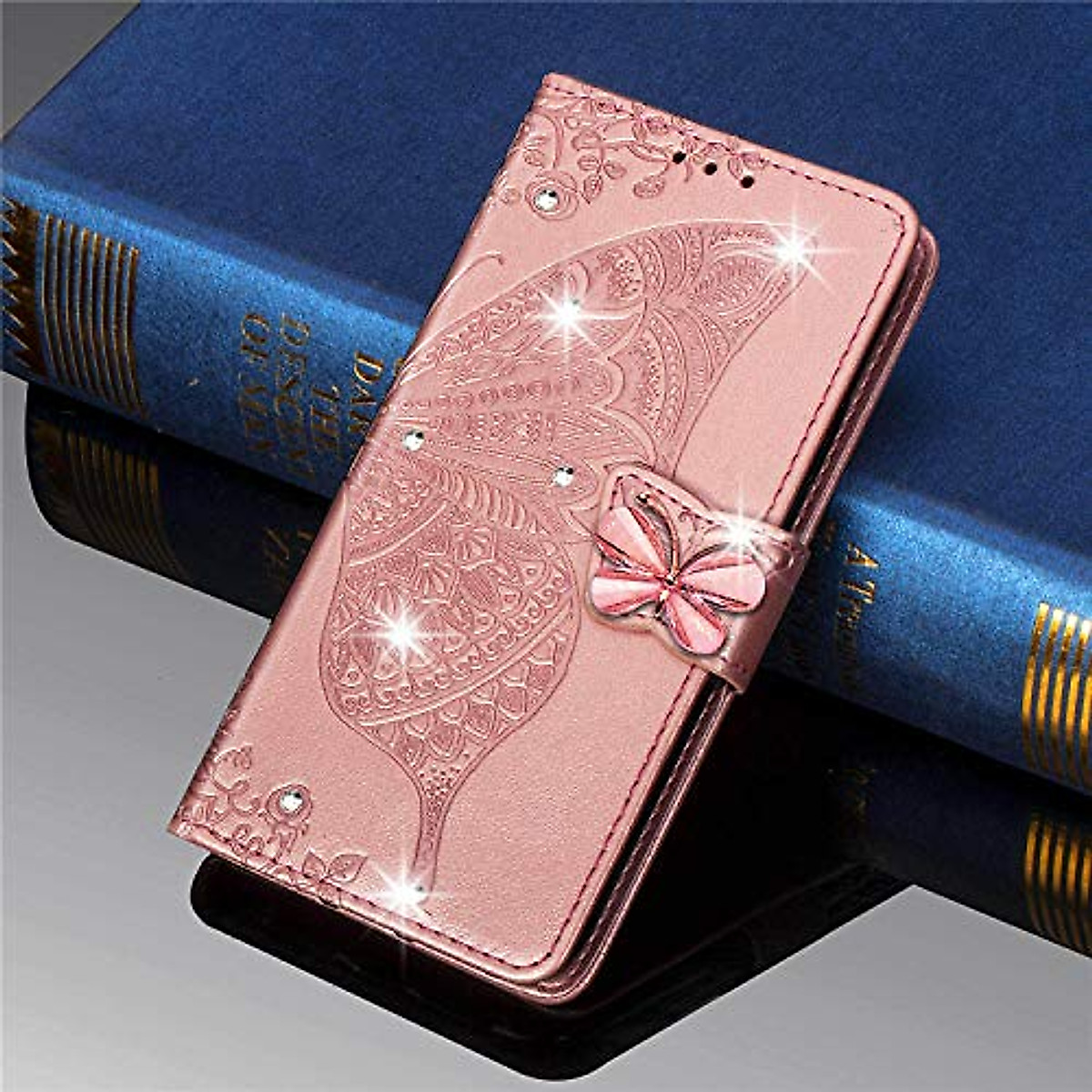 ZYZXHZD Xiaomi Mi Redmi Note 8 3D Butterfly Flower Wallet Case, with Credit Cards Slot and Stand Magnetic Protective PU Leather Flip Phone Cover for Xiaomi Redmi Note 8(Rhinestone Rose Gold)