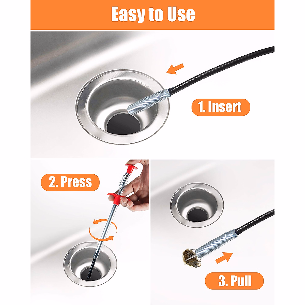 LONGGUI 25inch Hair Drain Clog Remover Tool(6pcs), 24inch Drain Cleaner Sticks To Drain Hair Clog For Remover (1pcs), Drain Hair Remover Tool For Sewer, Toilet, Kitchen Sink, Bathroom Tub,(6+1)