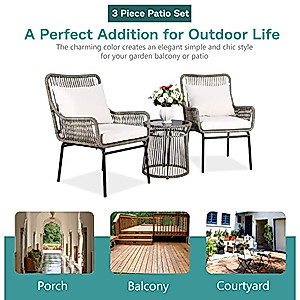 MEETWARM 3-Piece Outdoor All-Weather Wicker Furniture Set with Glass Top Side Table, Patio Conversation Bistro Sets with Cushions for Porch Garden & Backyard, Light Grey