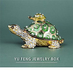 YU FENG Crystals Bejeweled Turtle Trinket Box Hinged Enameled Mother-Child Tortoise Animal Figurine Jewelry Ring Holder Box