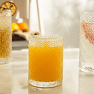 POLIDREAM Set of 4 Vintage Embossed Glass Cups | Art Deco Glassware | 2 Tall Crystal Tumblers & 2 Short DOF Glasses | Ideal for Whiskey, Beer, Juice, Water | Perfect for Home, Bars, Parties