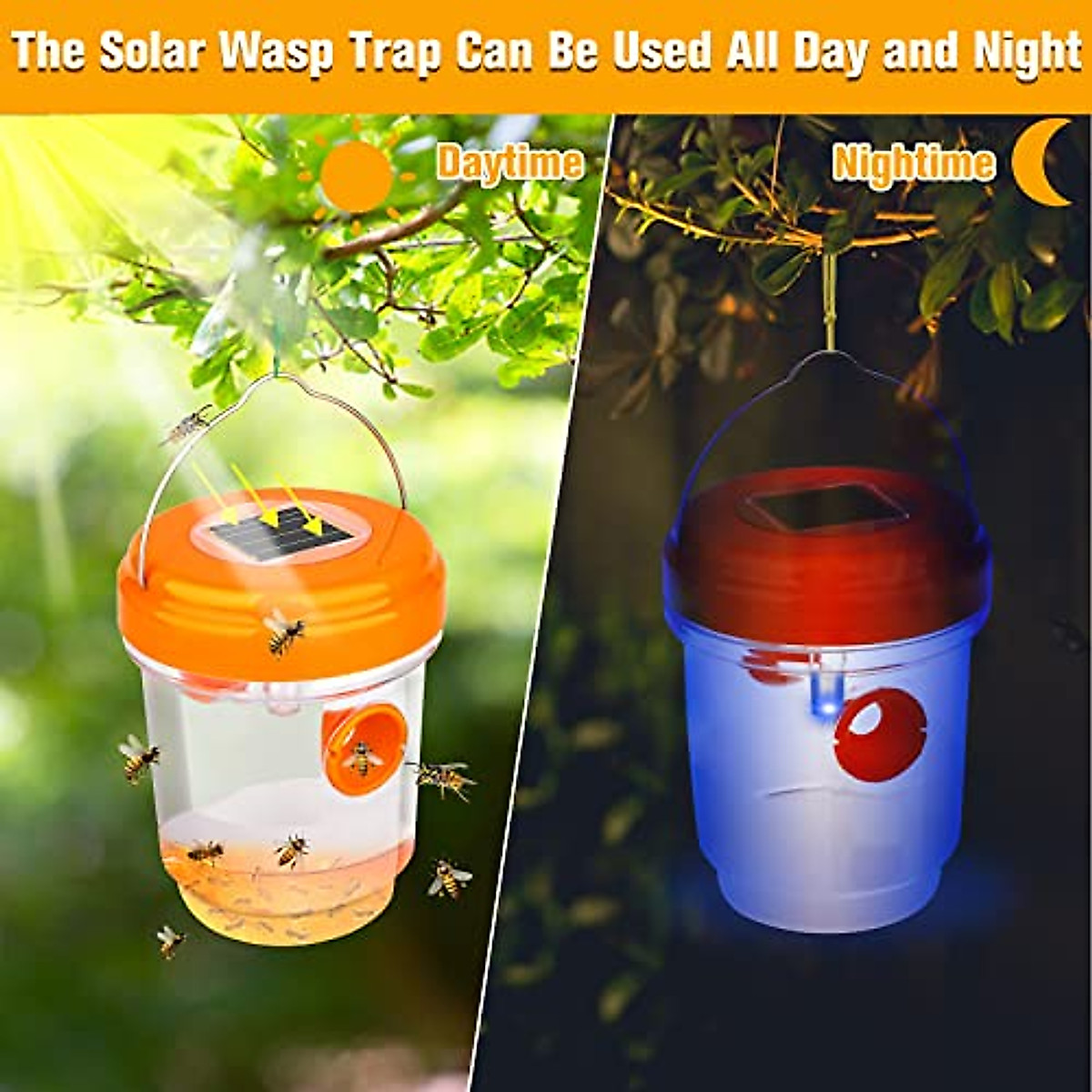 Mayardfun Wasp Traps, Solar Bee Trap Catcher, Wasp Catcher Yellow Jacket Trap with UV LED Light, Nontoxic Reusable Wasp Trap Orange Orange