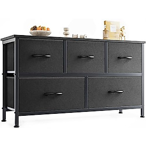 OLIXIS Dresser, Storage with 5 Organizer Closet Chest Small Clothes Fabric Cabinet, Kids Furniture Drawer Binis, Nightstand for Bedroom, Living Room, Nursery, Entryway, Matte Black