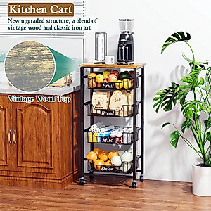 OKZEST Fruit Basket, 5-Tier Utility Kitchen Organizer and Storage Cart with Pull-Out Baskets and Wood Top, Rolling Pantry Kitchen Cart on Wheels for Fruit Potato Onion Vegetable Snack Produce