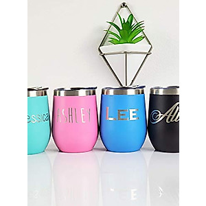 Personalized Monogram Wine Tumbler with Lid - Customized Stainless Steel Stemless Wine Glass