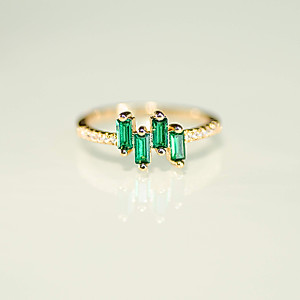 LAVLA 14k Gold Plated Baguette Green/Blue/Red Cubic Zirconia Half Eternity Stackable Ring | 1.5mm Thin Minimalist Simulated Diamond Band for Women (Green, 6)