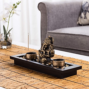 MyGift Mini Zen Garden with Ganesh Statue, Incense Stick Burner, Tealight Candle Holders, Decorative Rocks and Display Tray
