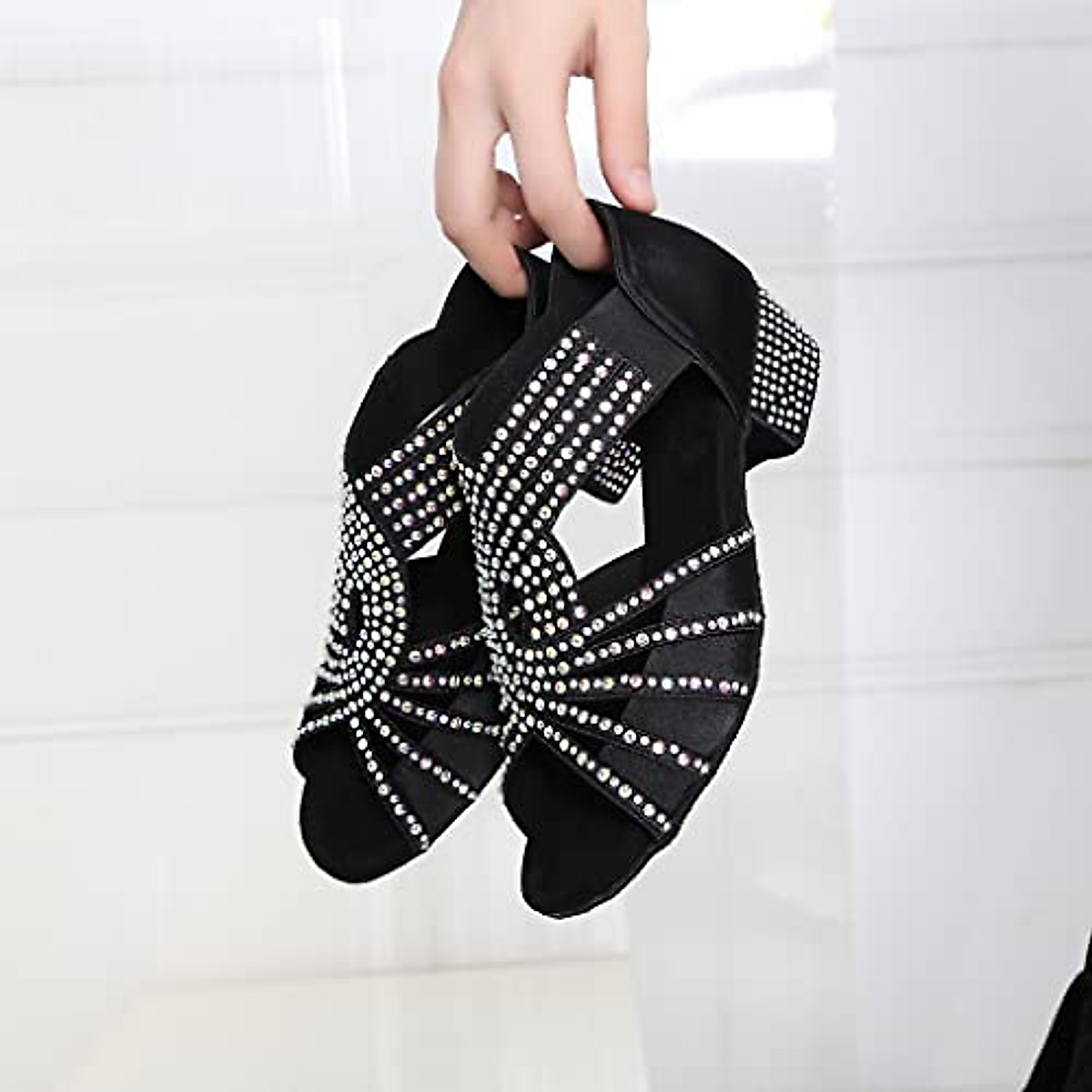 Full Rhinestones Ballroom Dance Shoes Women Latin Salsa Wedding Indoor Crystal Suede Sole Footwear 1.5in Heels YT16(8.5,Black)