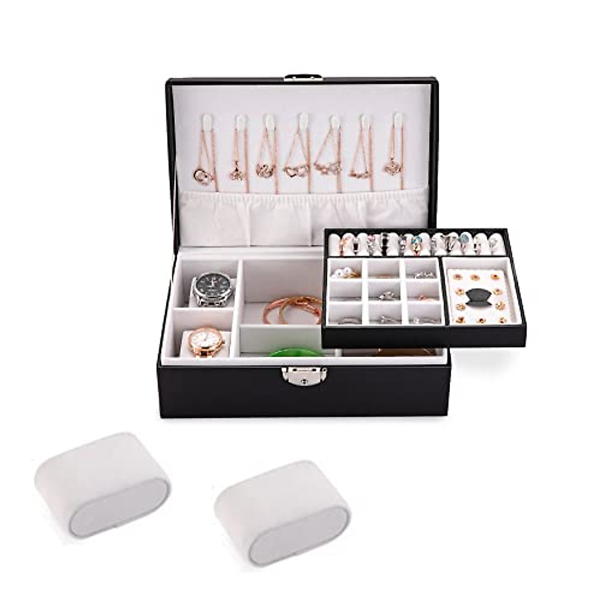 Mens Jewelry Box Watch Case Watch Holder Watch Organizer for Men 2 Layers Travel Jewelry Box Organizer with Lock Travel Jewelry Case PU Leather Jewelry Storage for Watch Necklace Ring Earring (Black)