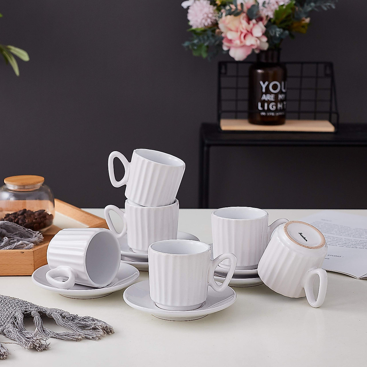 Bruntmor Christmas Gift Choice: Espresso Cups And Saucers Set Of 4. Small 4 Ounce Stackable Espresso Cups With Rack. Stacking Espresso Coffee Cup Of 4. Matte Black/Colored Interior, 4 Oz